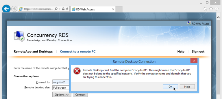 Remote Desktop can’t find the Computer through RDWeb and Gateway – Concurrency